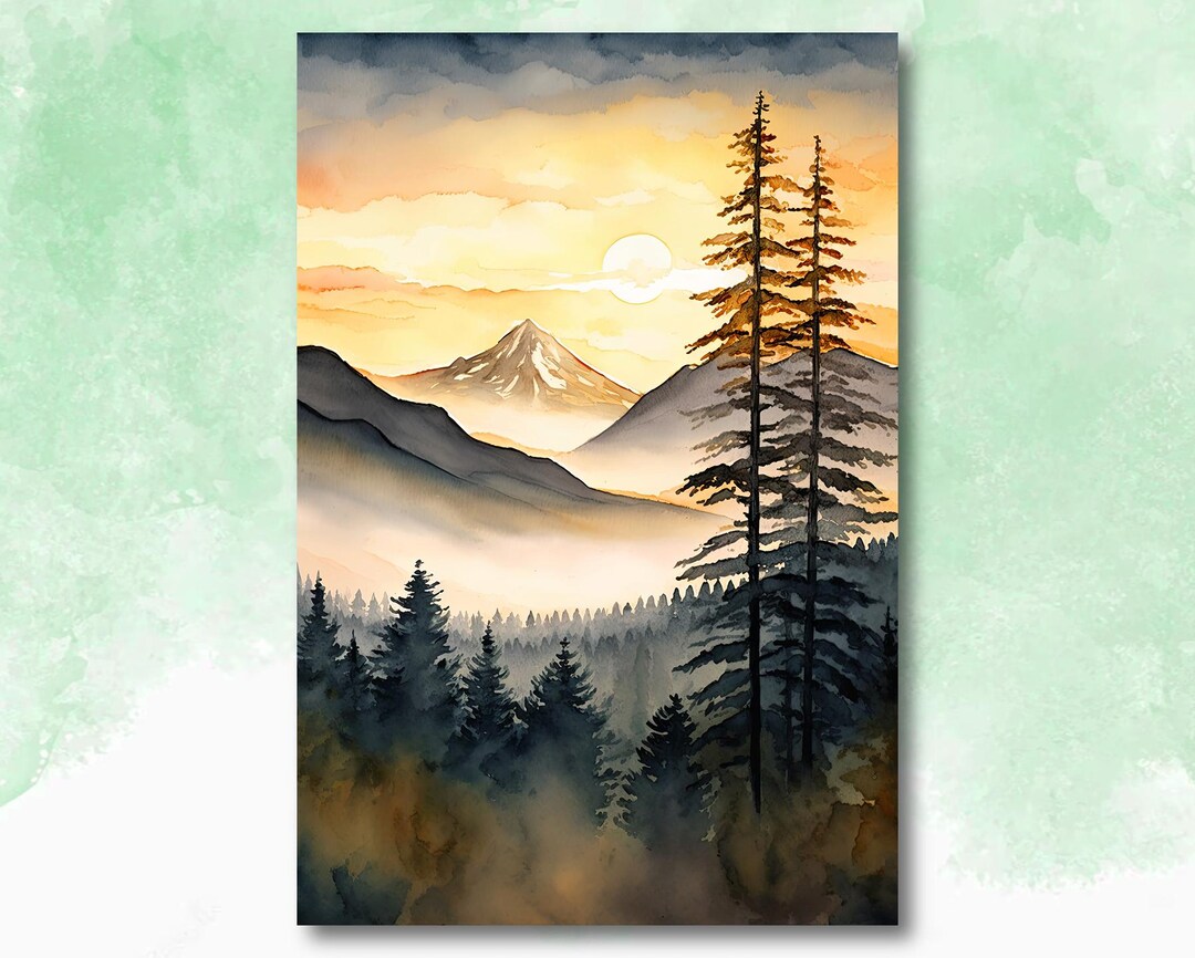 Mountain Forest Sunset Watercolor Print, Misty Landscape Wall Art ...