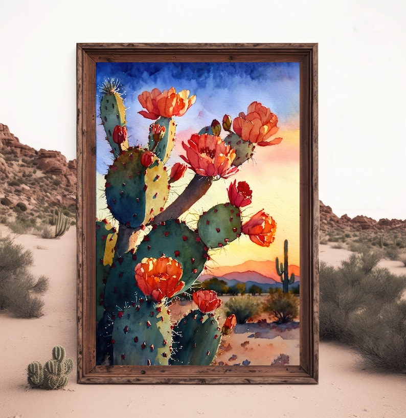 Flower Prickly Pear Cactus Sunset Art Print Watercolor - Etsy
