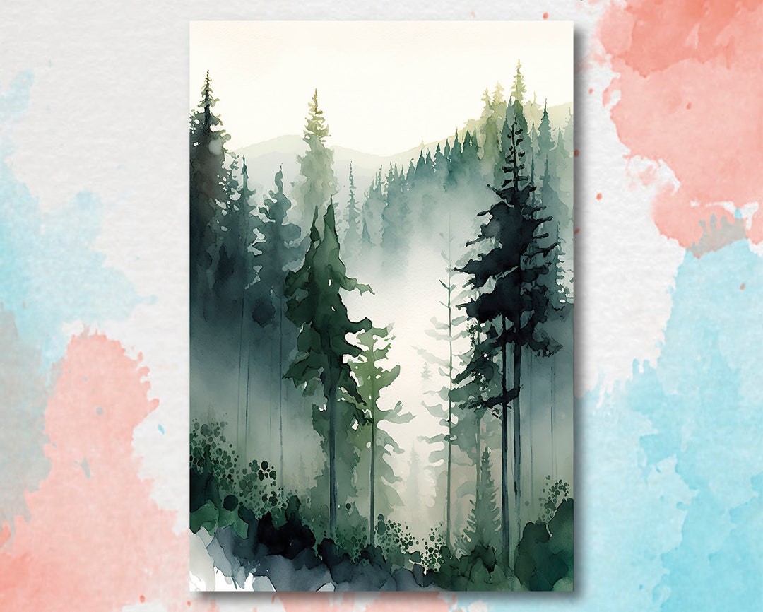 Watercolor Forest Landscape Sage Green Wall Art Painting Pine Tree ...