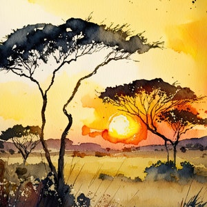 African Serengeti Sunset Wall Art Safari Print Africa Savanna ...