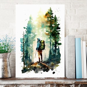 Hiking Mountain Forest Wall Art Watercolor Nature Inspired Backpacking ...