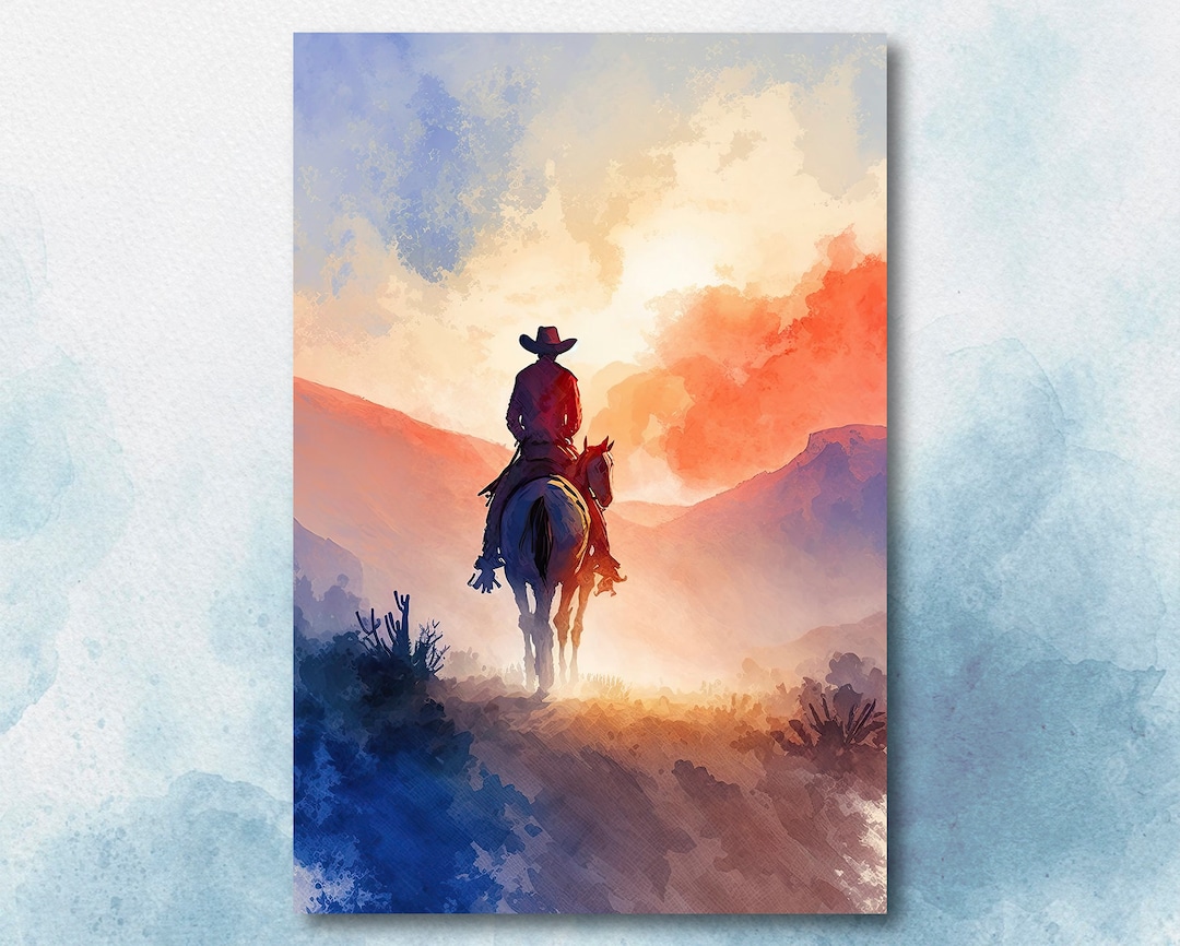 Cowboy Sunset Art Print Americana Watercolor Painting Rodeo Poster or ...