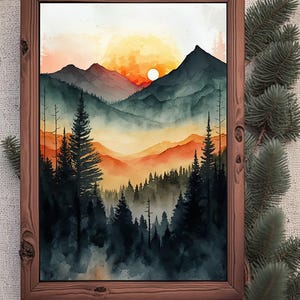 Sunrise Forest Watercolor Print, Mountain Landscape Sunset Wall Art ...