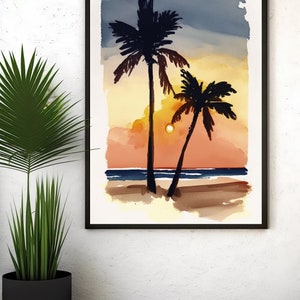 Palm Tree Sunset Art Print Tropical Watercolor Coastal Wall Art Nature ...
