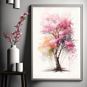 Japanese Pink Sakura Cherry Blossom Bonsai Tree Wall Art Asian Print ...