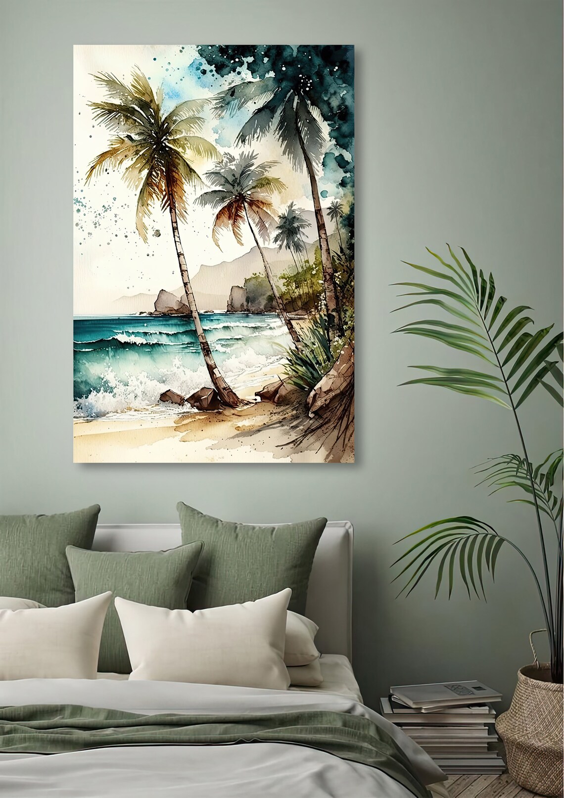Tropical Palm Tree Beach Art Print Watercolor Coastal Wall Art - Etsy