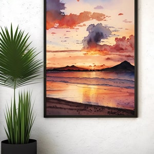 Summer Beach Sunset Watercolor Print Ocean Wall Art Coastal Sea Nature ...