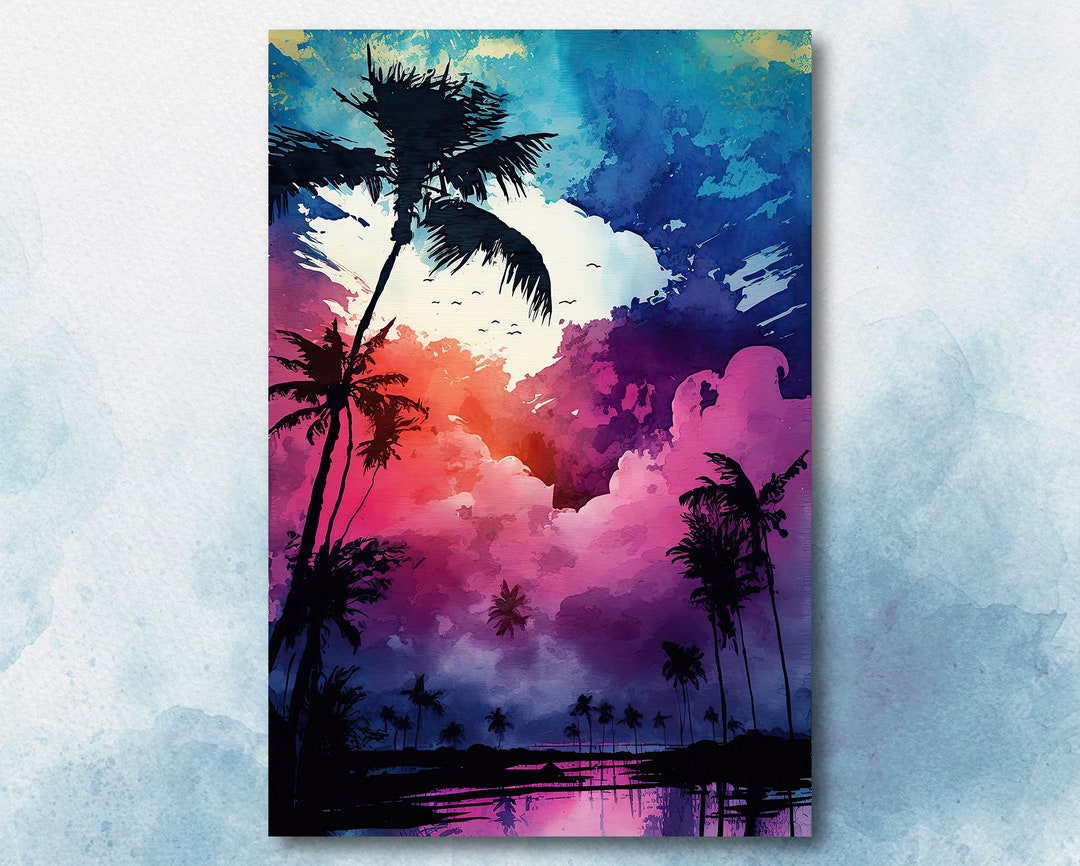 Palm Tree Sunset Art Print Watercolor Coastal Wall Art Nature Inspired ...