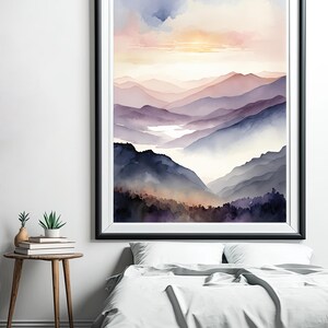 Mountain Sunrise Watercolor Print, Soft Pastel Landscape Wall Art ...