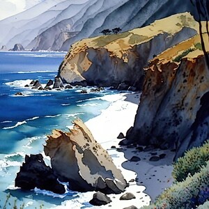 California Big Sur Beach Print Watercolor Ocean Wall Art Tropical ...
