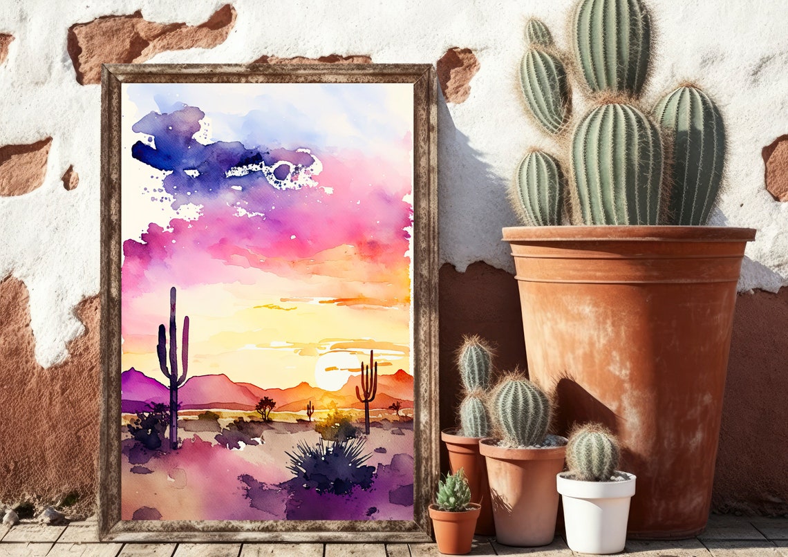 Desert Sunset Print Colorful Watercolor Wall Art Southwest Landscape ...