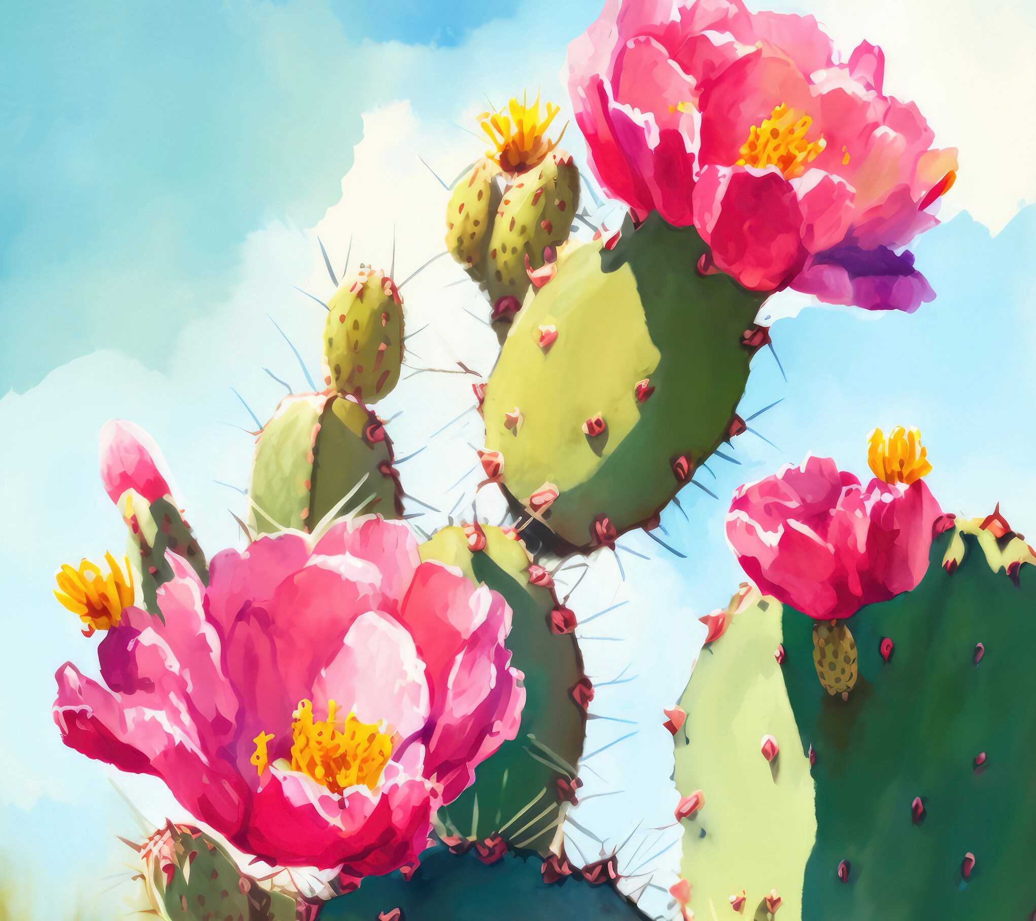 Flower Prickly Pear Cactus Print Watercolor Painting Botanical Desert ...