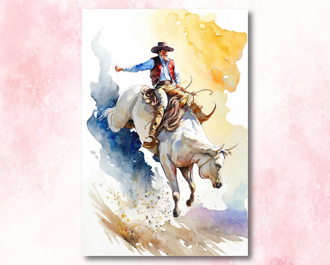 Western Cowboy Bull Riding Rodeo Poster or Canvas Art Horseback Riding ...