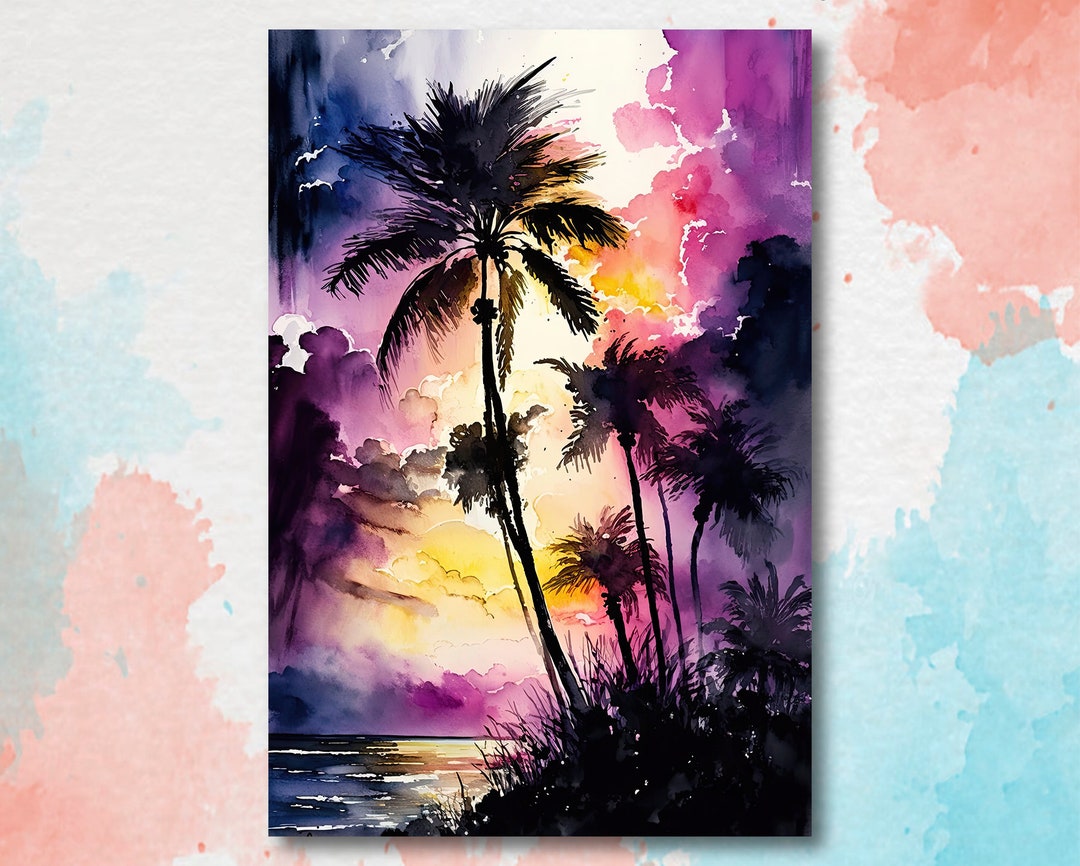 Palm Tree Sunset Art Print Watercolor Coastal Wall Art Nature Inspired ...
