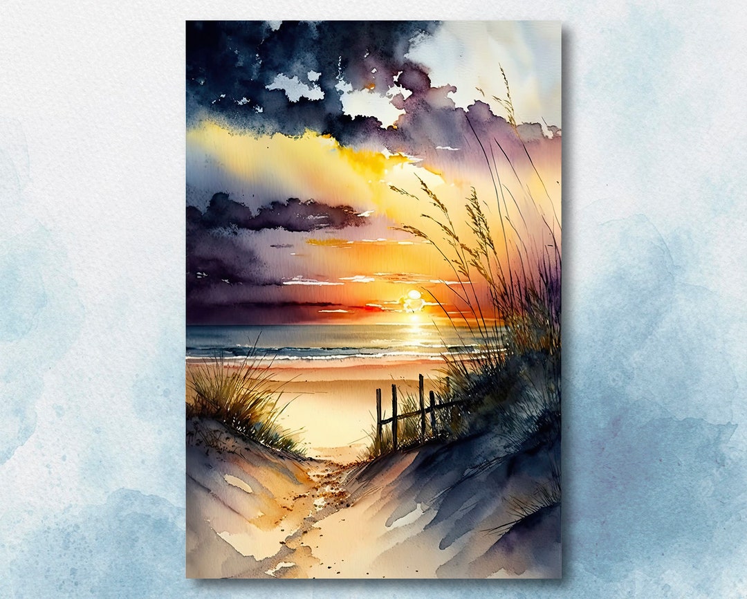 Beach Sunset Watercolor Print Ocean Wall Art Tropical Nature Gift ...