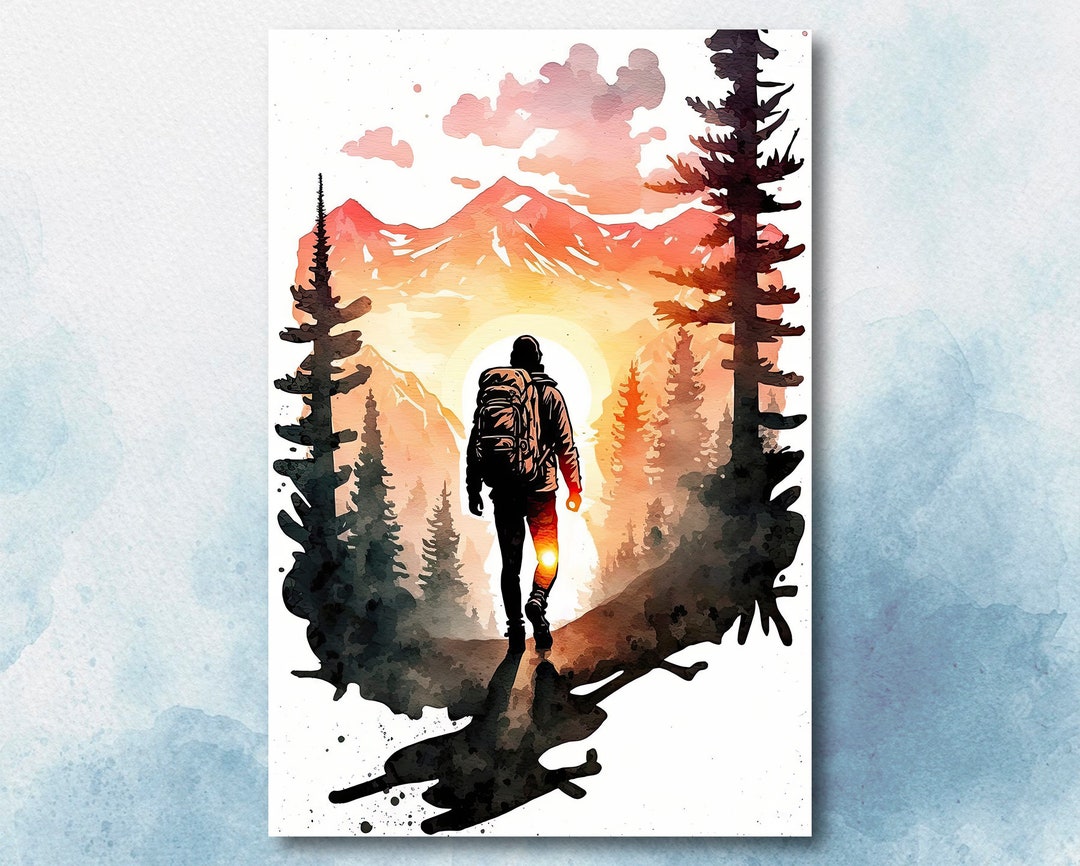Hiking Forest Mountain Sunset Wall Art Watercolor Nature Inspired ...