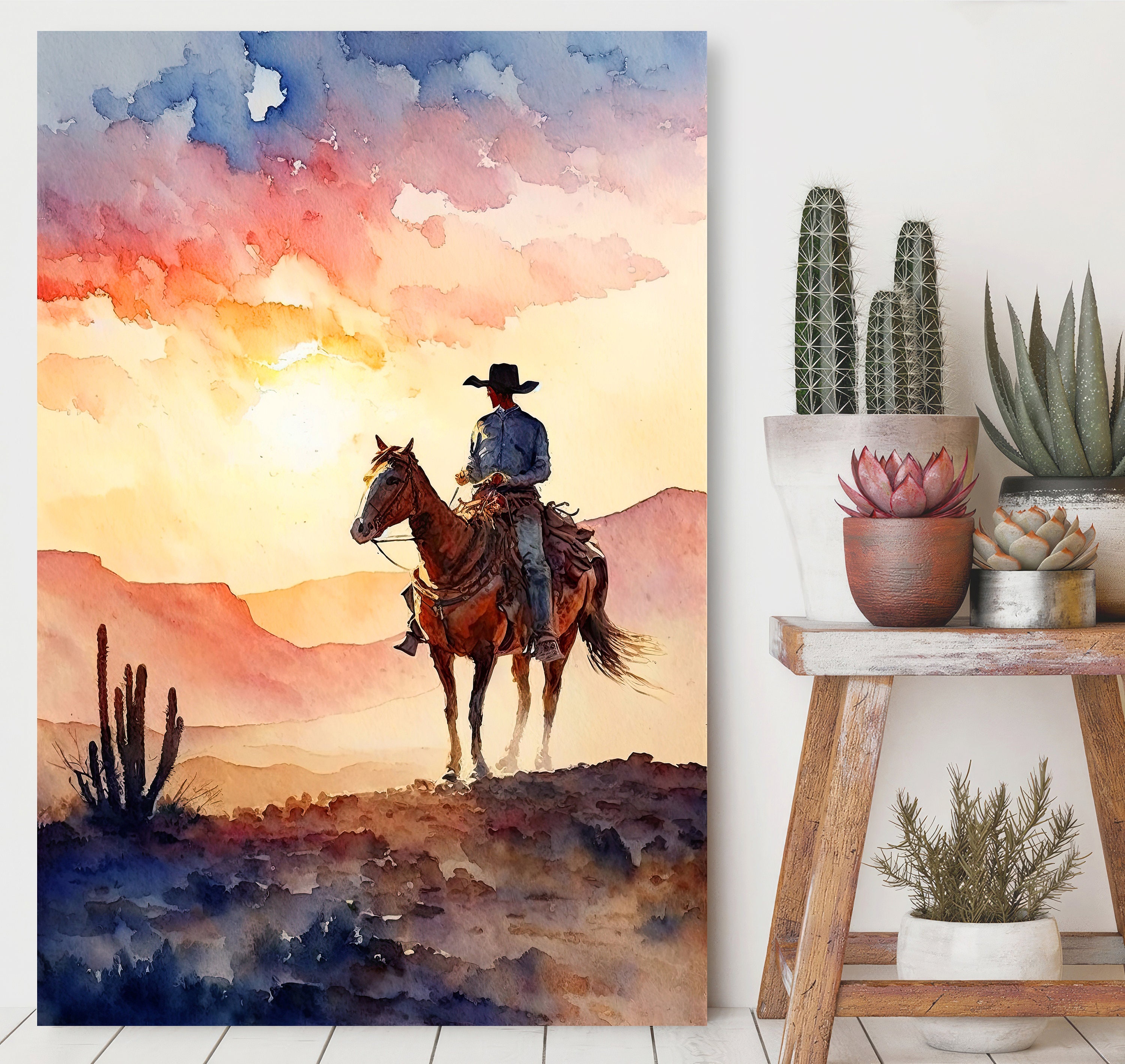 Cowboy Sunset Art Print Americana Watercolor Painting Rodeo - Etsy