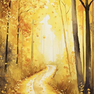 Golden Autumn Forest Path Watercolor Print, Fall Foliage Landscape ...