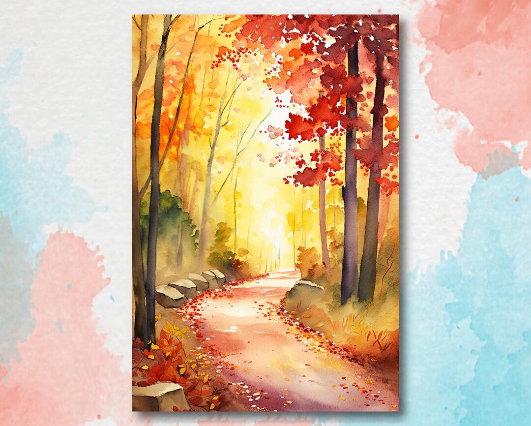 Autumn Forest Path Watercolor Print, Fall Foliage Landscape Poster ...
