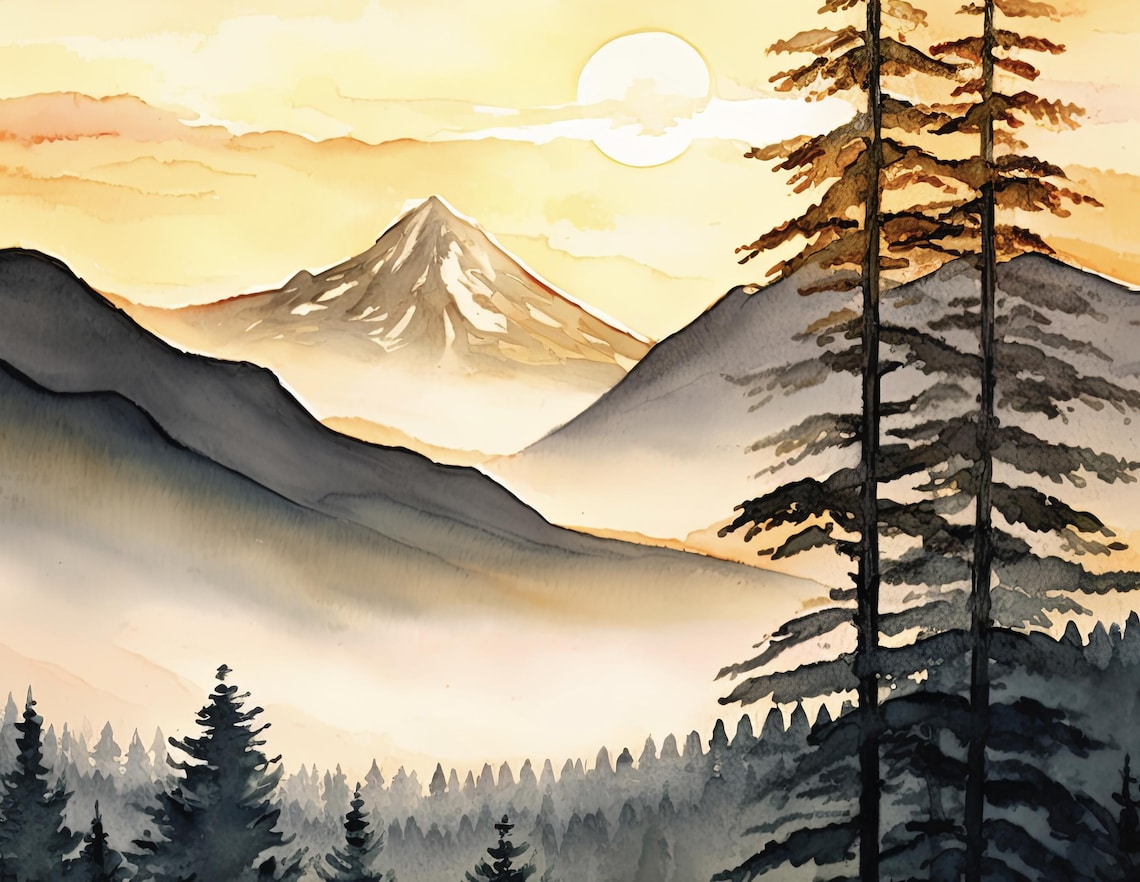 Mountain Forest Sunset Watercolor Print, Misty Landscape Wall Art ...