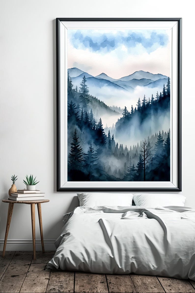 Forest Mountain Watercolor Print, Foggy Landscape Wall Art, Nature ...