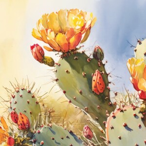 Flower Prickly Pear Cactus Print Watercolor Painting Botanical Desert ...