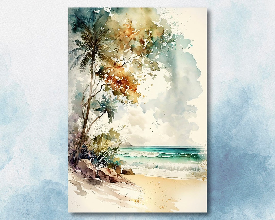 Tropical Palm Tree Beach Art Print Watercolor Coastal Wall Art Nature ...