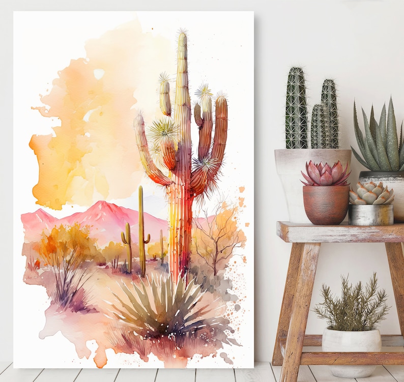 Saguaro Cactus Desert Landscape Watercolor Print Colorful Wall Art ...