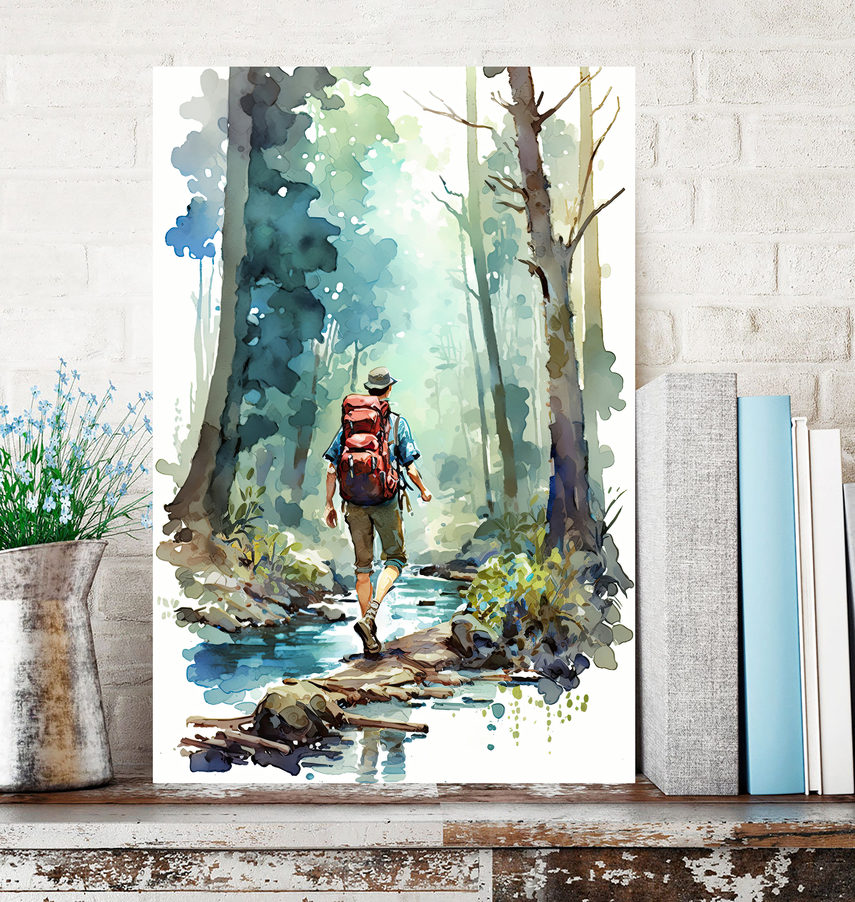 Hiking Mountain Forest Wall Art Watercolor Nature Inspired Backpacking ...