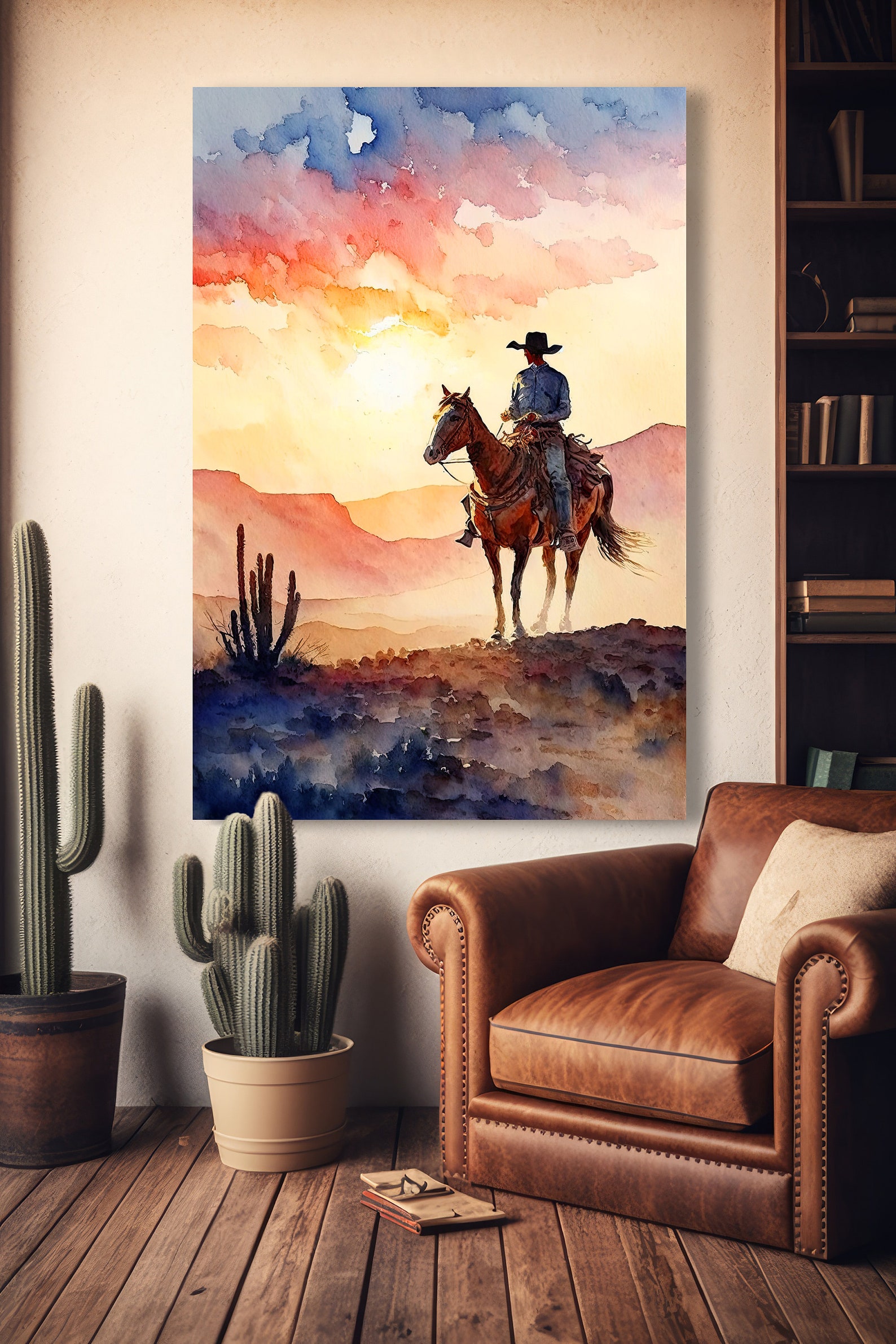 Cowboy Sunset Art Print Americana Watercolor Painting Rodeo Poster or ...