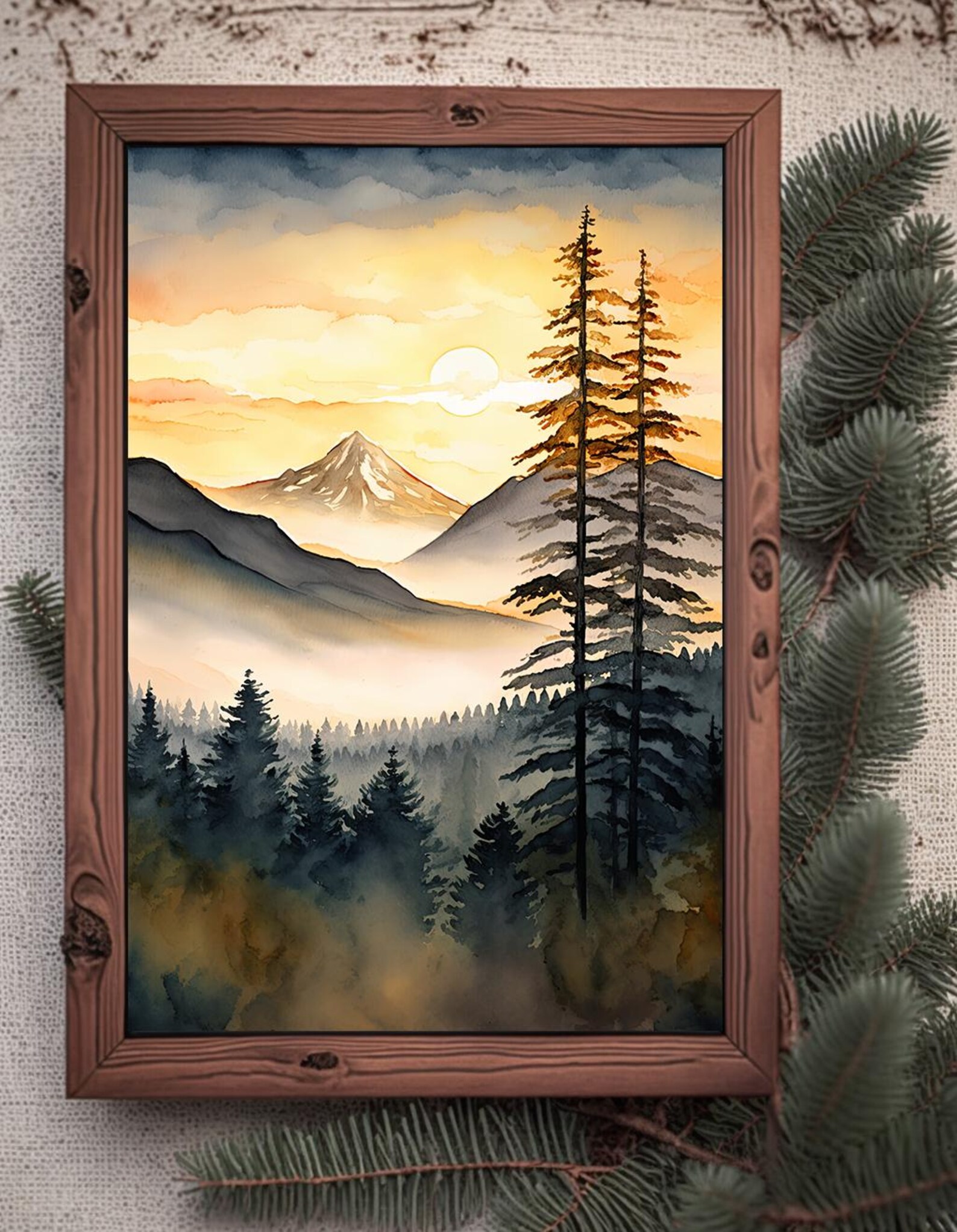Mountain Forest Sunset Watercolor Print, Misty Landscape Wall Art ...