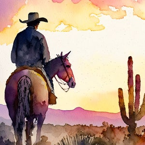 Cowboy Sunset Art Print Americana Watercolor Painting Rodeo Poster or ...
