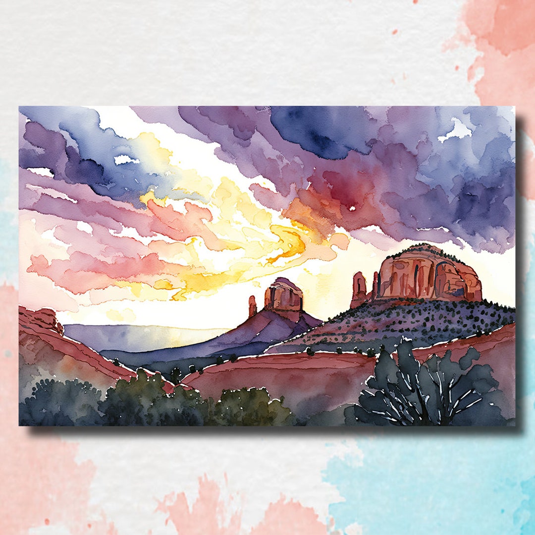 Watercolor Sedona Arizona Sunset Art Print Southwest Wall Art Landscape ...