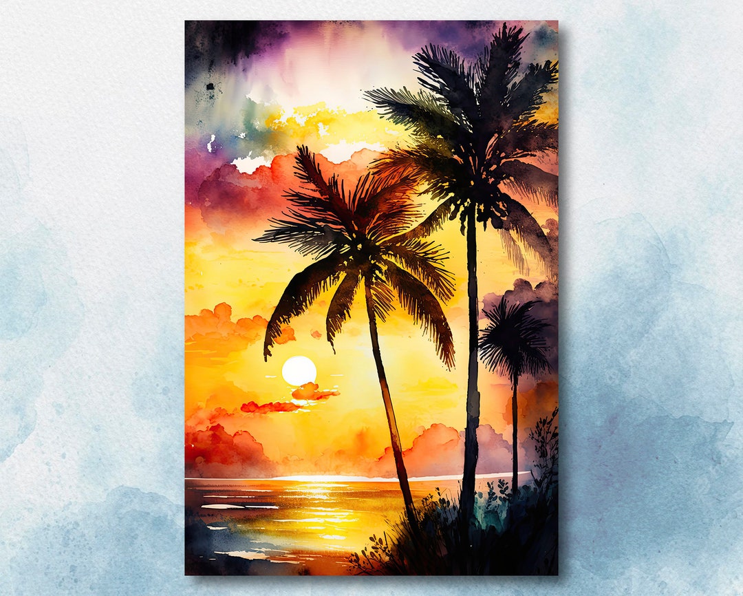 Palm Tree Sunset Art Print Watercolor Coastal Wall Art Nature Inspired ...
