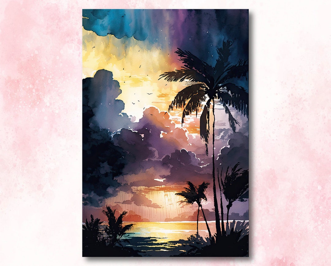 Palm Tree Sunset Art Print Watercolor Coastal Wall Art Nature Inspired ...