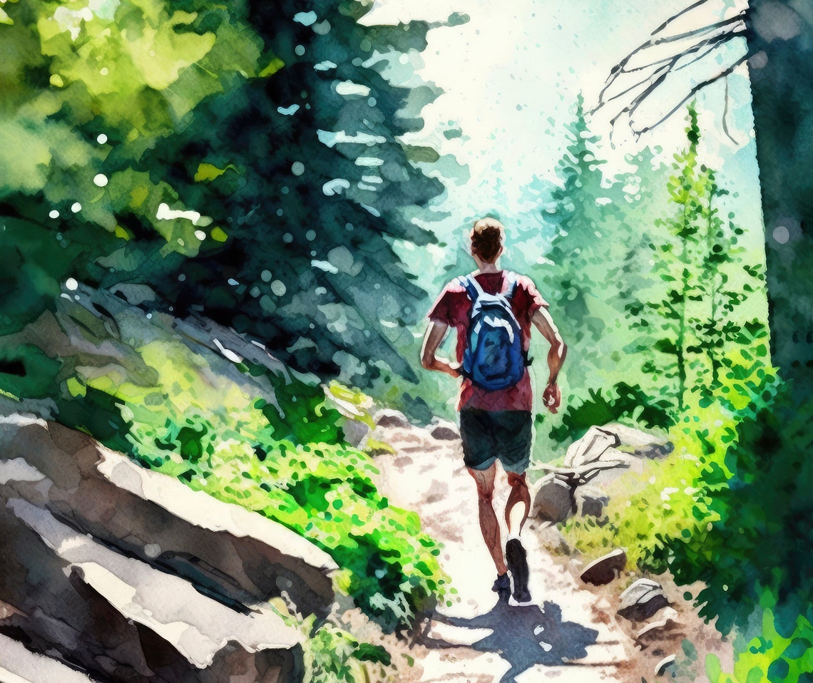 Hiking Forest Mountain Sunset Wall Art Watercolor Nature Inspired ...