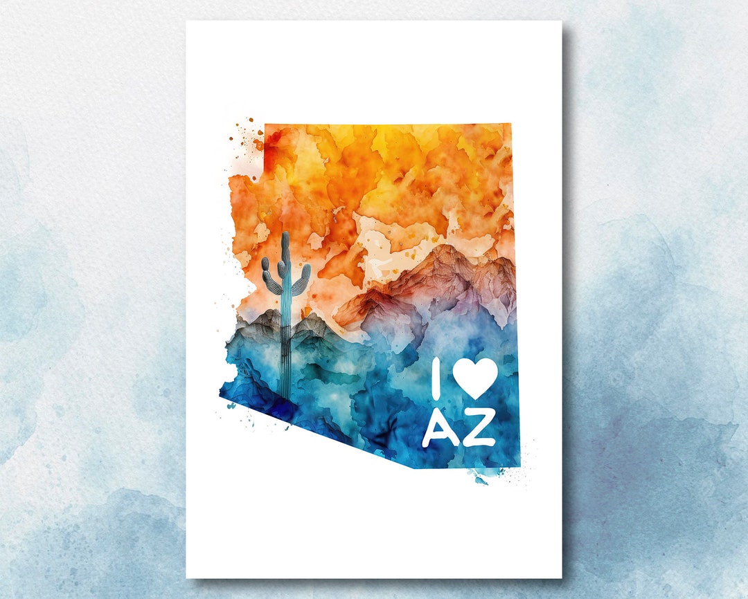 Arizona State Map Wall Art AZ Sonoran Desert Print Southwest Watercolor ...