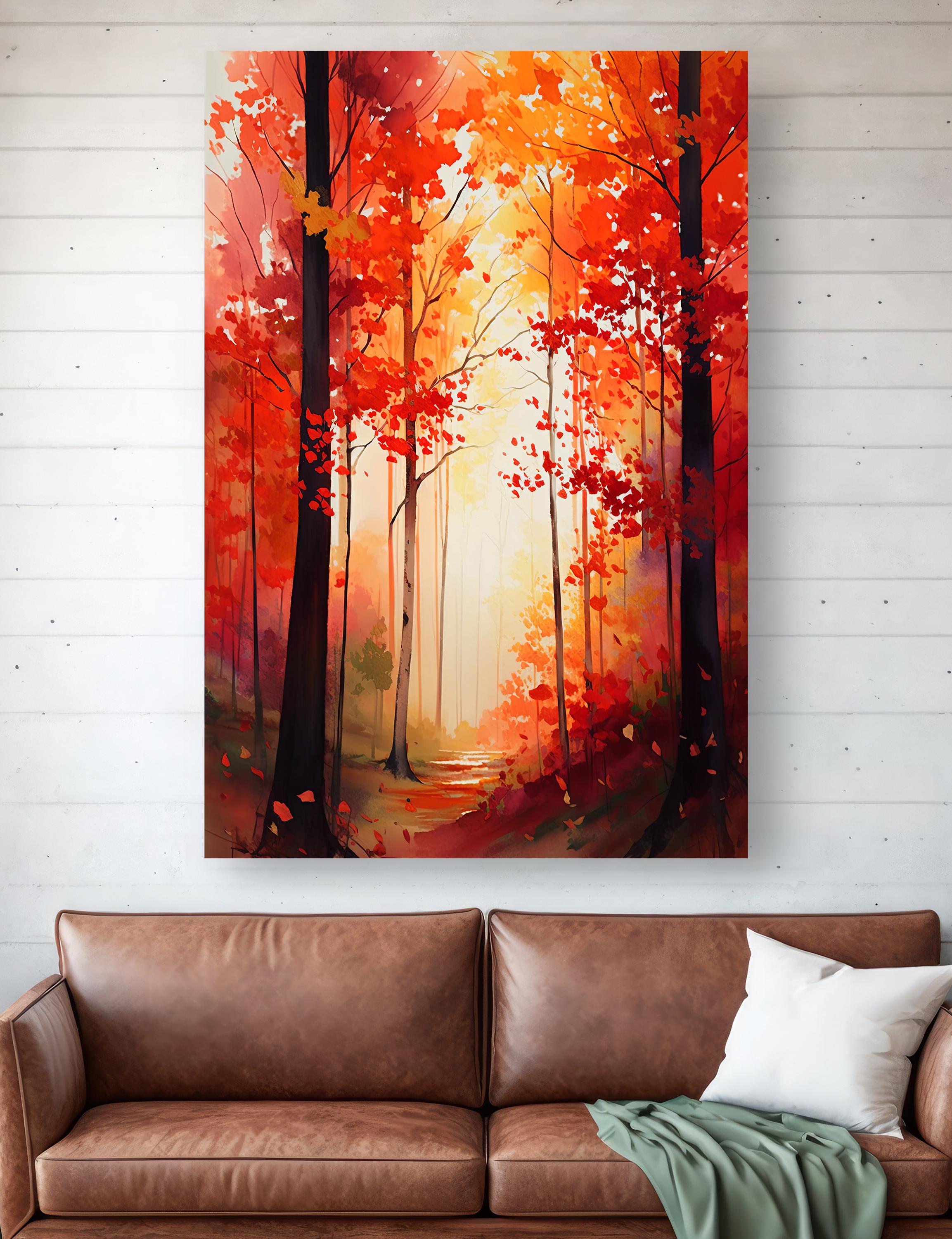 Red Autumn Forest Watercolor Print, Fall Foliage Landscape Poster ...