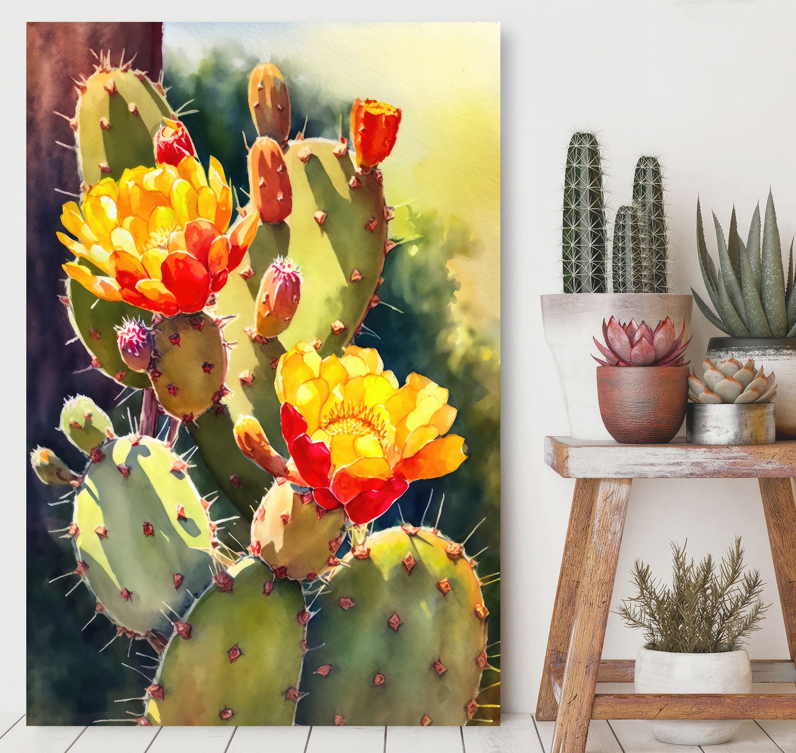 Flower Prickly Pear Cactus Print Watercolor Painting Botanical Desert ...