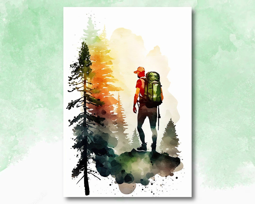 Hiking Mountain Forest Wall Art Watercolor Nature Inspired Backpacking ...