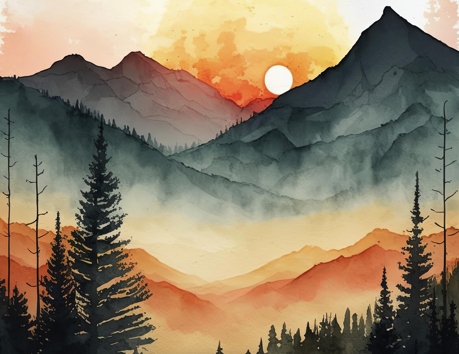 Sunrise Forest Watercolor Print, Mountain Landscape Sunset Wall Art ...