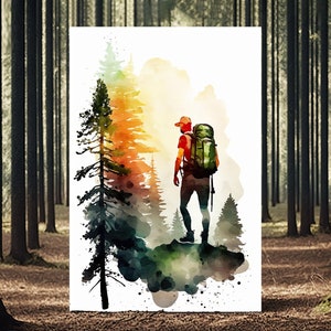 Hiking Mountain Forest Wall Art Watercolor Nature Inspired Backpacking ...