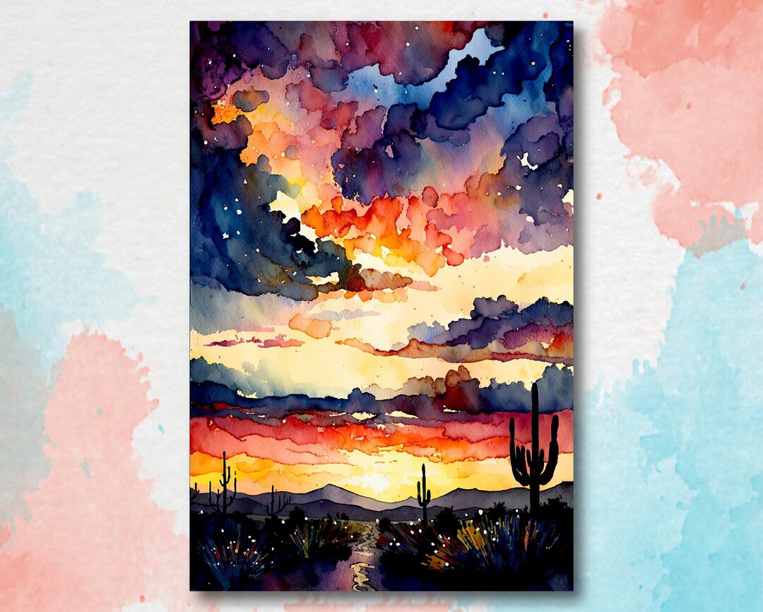 Desert Cactus Sunset Watercolor Print, Southwest Landscape Poster ...