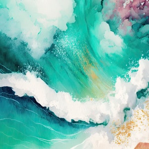 Beach Ocean Waves Print Colorful Watercolor Wall Art Tropical Nature ...