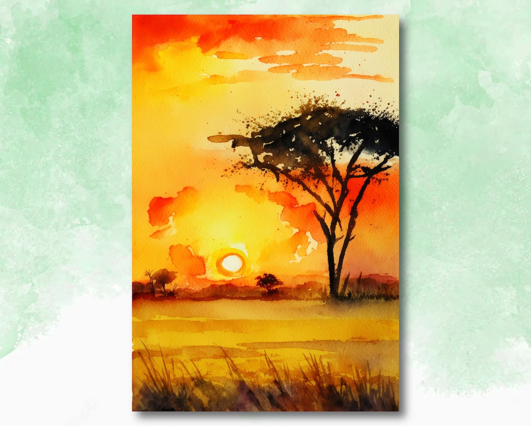 African Serengeti Sunset Wall Art Safari Print Africa Savanna ...