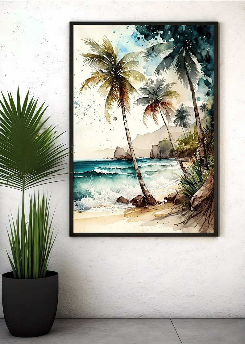 Tropical Palm Tree Beach Art Print Watercolor Coastal Wall Art - Etsy