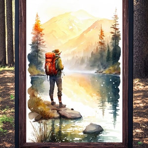 Hiking Forest Mountain Sunset Wall Art Watercolor Nature Inspired ...