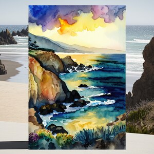 California Big Sur Beach Sunset Art Print Watercolor Ocean Wall Art ...