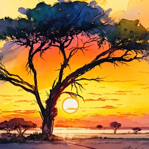 African Serengeti Sunset Wall Art Safari Print Africa Savanna ...