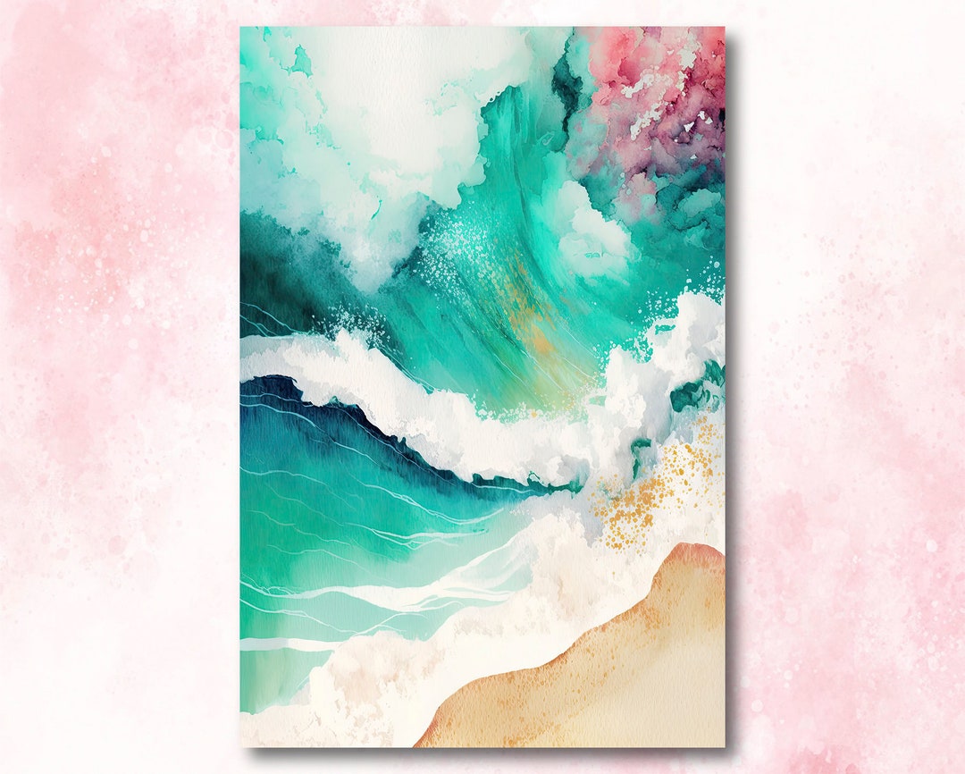 Beach Ocean Waves Print Colorful Watercolor Wall Art Tropical Nature ...